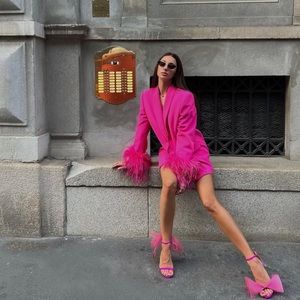 Zara | Jackets & Coats | Zara Pink Straight Cut Feather Blazer | Poshmark